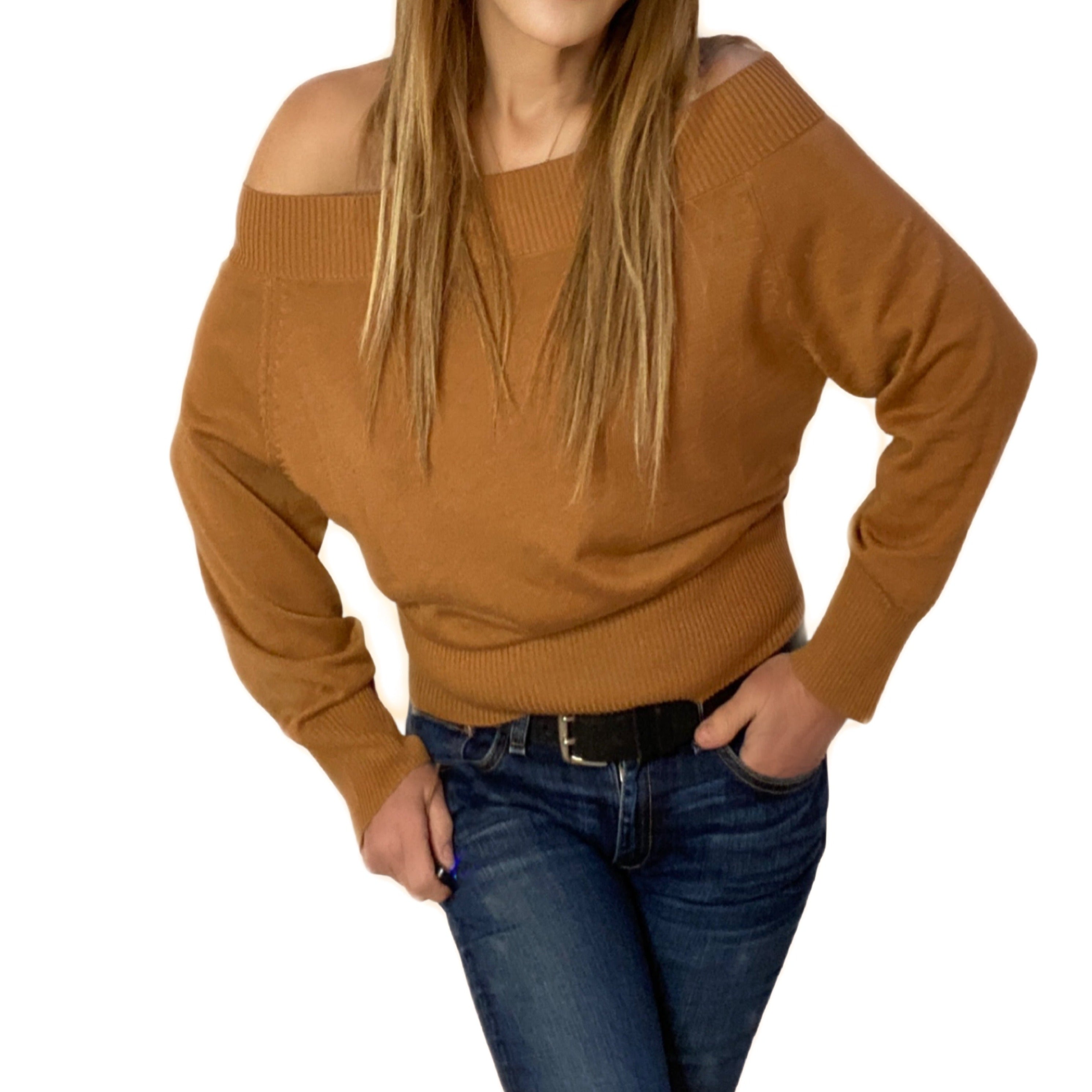 BUTTERSCOTCH CARAMEL OFF SHOULDER SWEATER